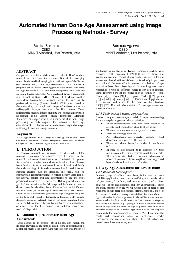 Pdf Automated Human Bone Age Assessment Using Image Processing Methods Survey