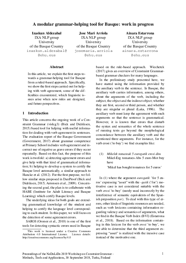 (PDF) A modular grammar-helping tool for Basque: work in progress