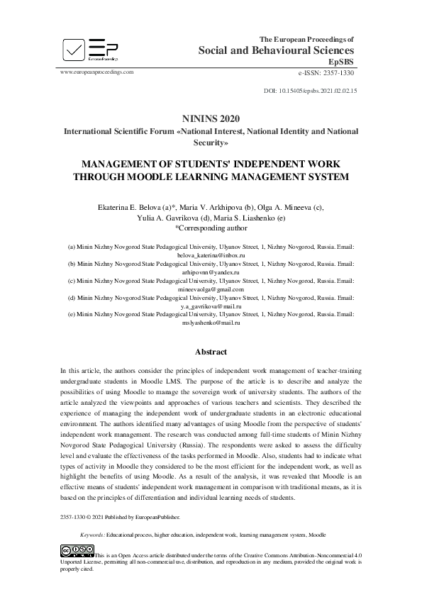 (PDF) Management Of Studentsꞌ Independent Work Through Moodle Learning Management System