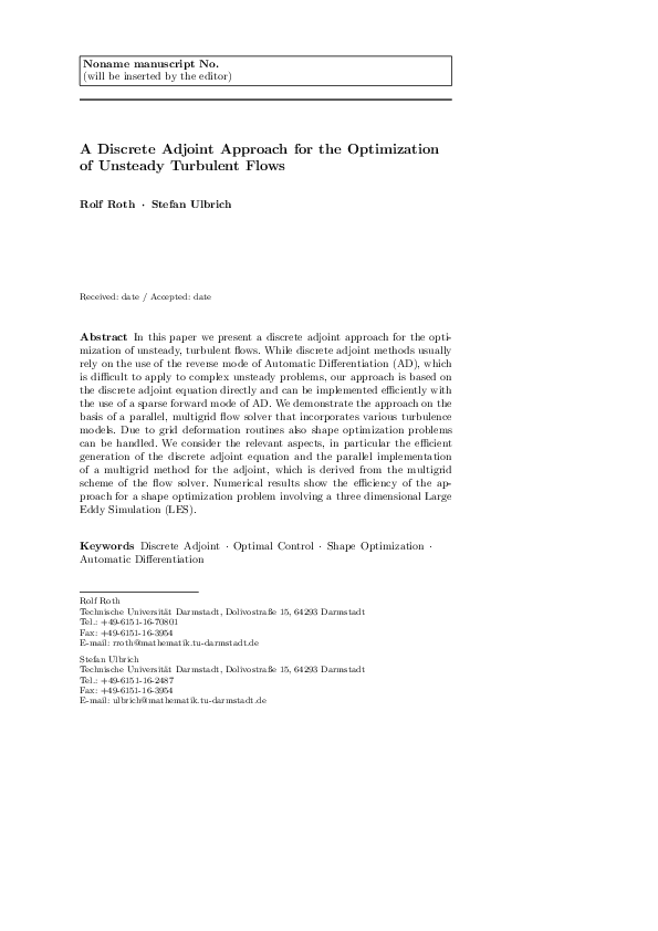 (PDF) A Discrete Adjoint Approach for the Optimization of Unsteady Turbulent Flows