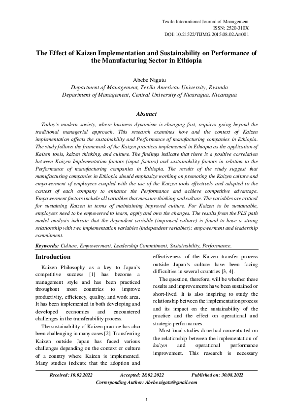 (PDF) The Effect of Kaizen Implementation and Sustainability on Performance of the Manufacturing ...