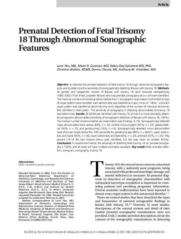 (PDF) Prenatal Detection of Fetal Trisomy 18 Through Abnormal ...