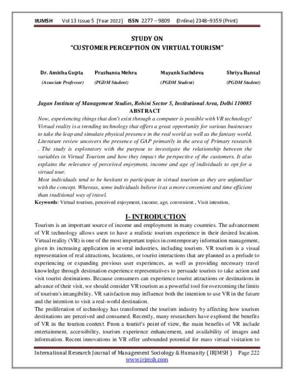 (PDF) STUDY ON "CUSTOMER PERCEPTION ON VIRTUAL TOURISM"