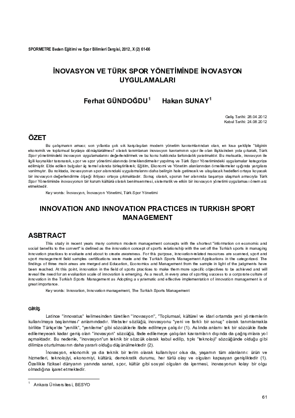 (PDF) İnovasyon ve Türk spor yönetiminde inovasyon uygulamaları