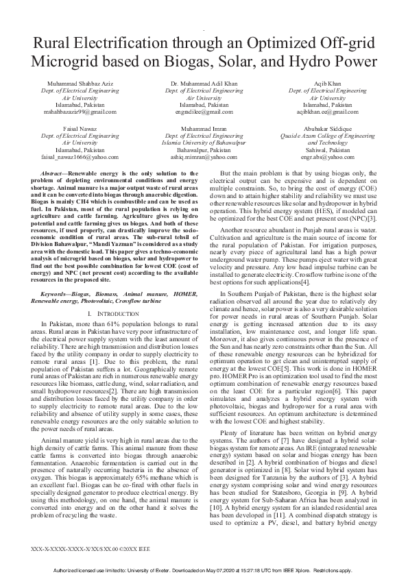 (PDF) Rural Electrification through an Optimized Off-grid Microgrid based on Biogas, Solar, and ...