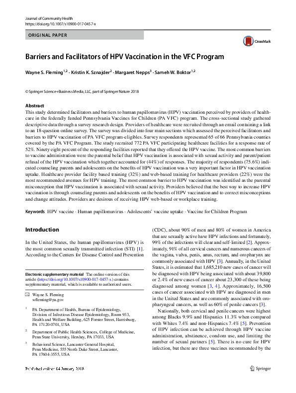 (PDF) Barriers and Facilitators of HPV Vaccination in the VFC Program