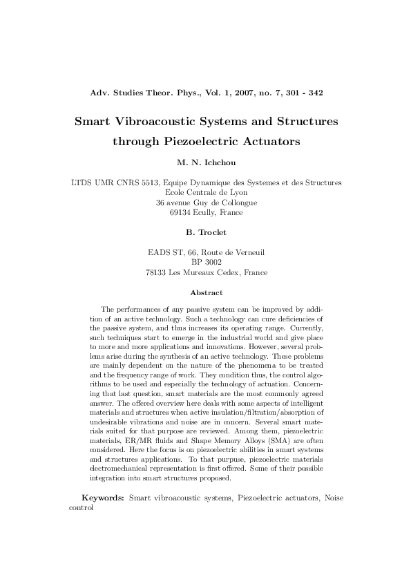 (PDF) Smart Vibroacoustic Systems and Structures through Piezoelectric Actuators | Bernard ...