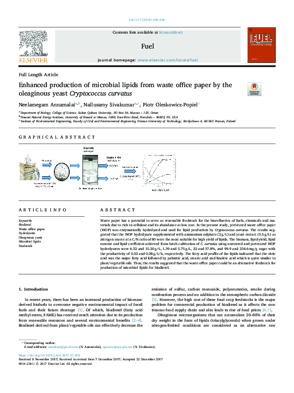 (PDF) Enhanced production of microbial lipids from waste office paper ...