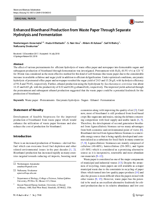 (PDF) Enhanced Bioethanol Production from Waste Paper Through Separate Hydrolysis and ...