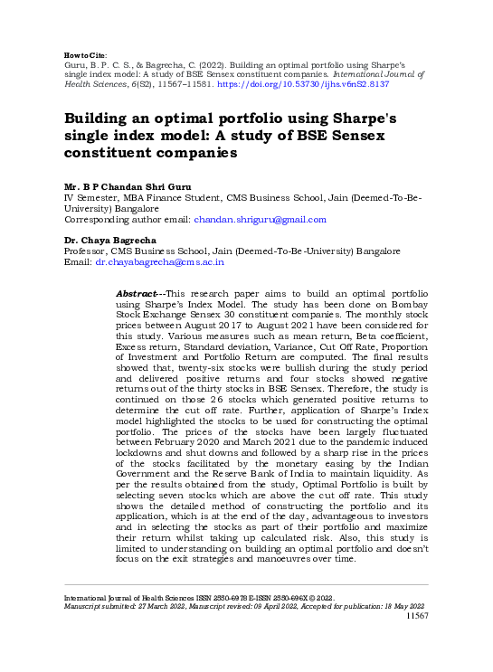 (PDF) Building an optimal portfolio using Sharpe's single index model