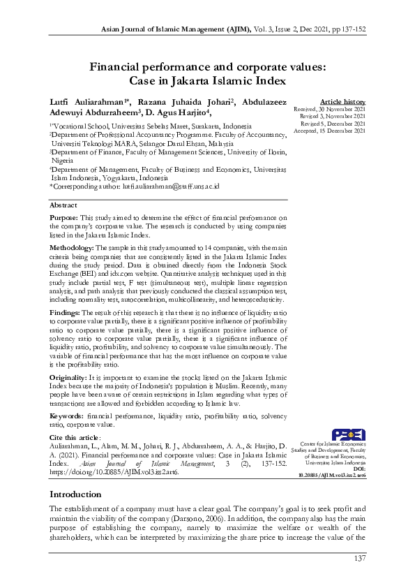 (PDF) Financial performance and corporate values: Case in Jakarta Islamic Index