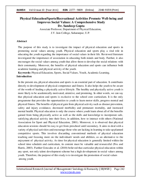 (PDF) Physical Education/Sports/Recreational Activities Promote Well- being and Improves Social ...