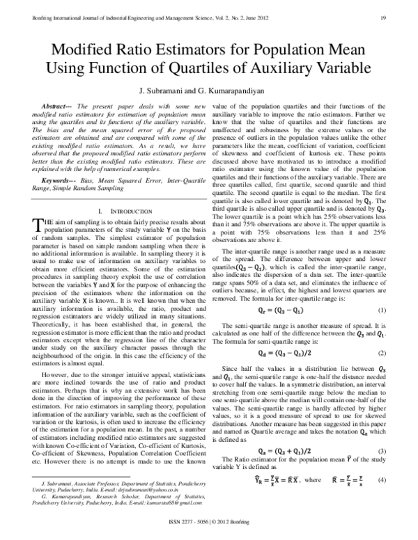 (PDF) Modified Ratio Estimators for Population Mean Using Function of Quartiles of Auxiliary ...