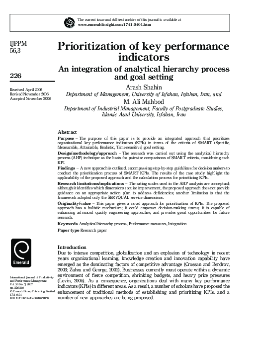 Pdf Prioritization Of Key Performance Indicators