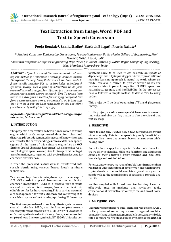 Pdf Text Extraction From Image Word Pdf And Text To Speech Conversion
