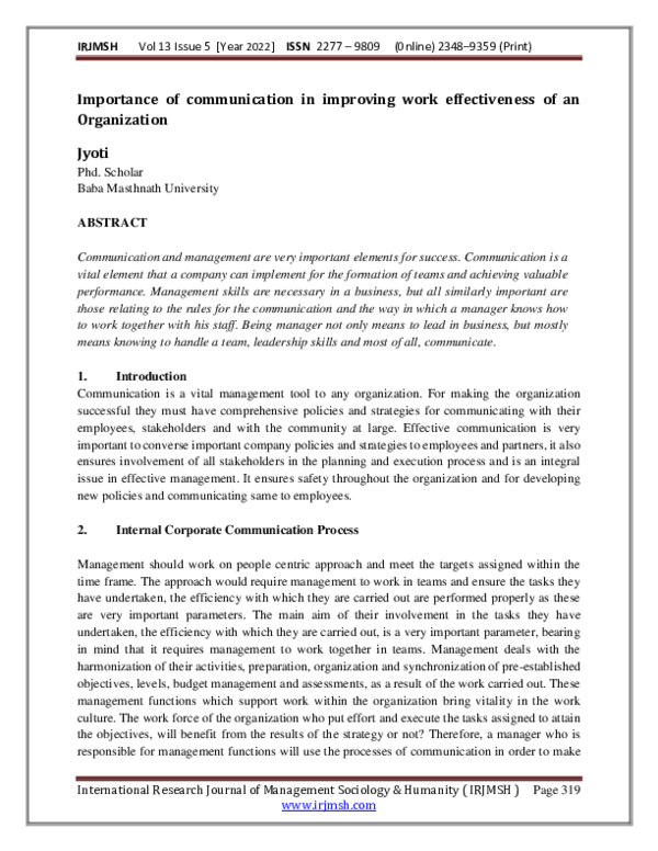 (PDF) Importance of communication in improving work effectiveness of an ...