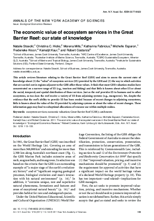 (PDF) The economic value of ecosystem services in the Great Barrier ...
