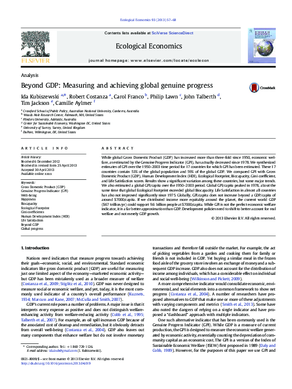 (PDF) Beyond GDP: Measuring and achieving global genuine progress