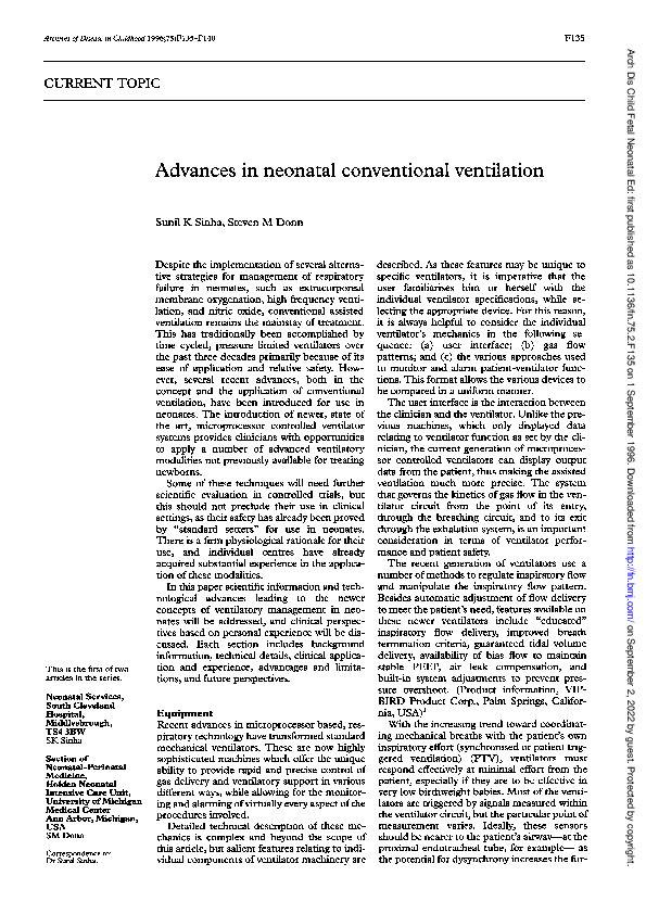 (PDF) Advances in neonatal conventional ventilation