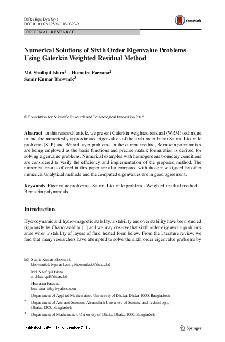 Pdf Numerical Solutions Of Sixth Order Eigenvalue Problems Using Galerkin Weighted Residual Method
