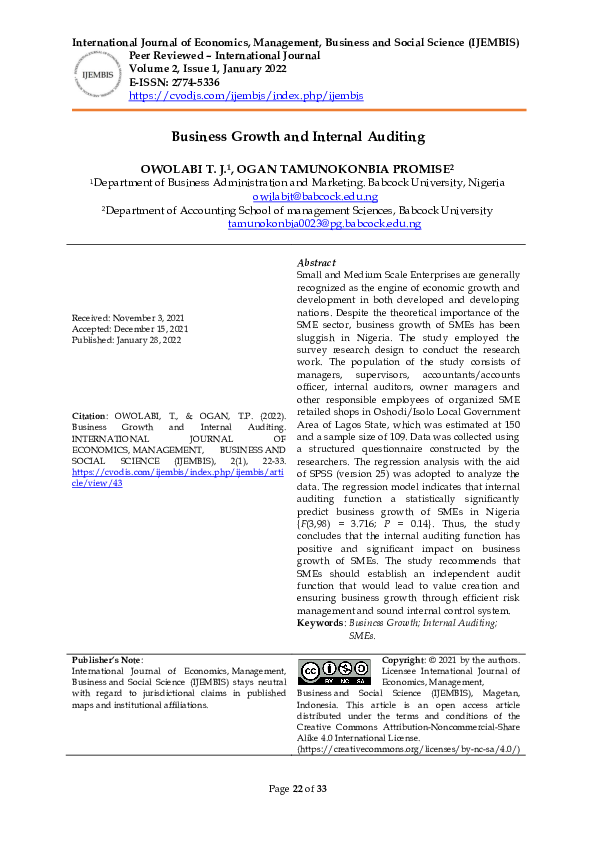 Pdf Business Growth And Internal Auditing