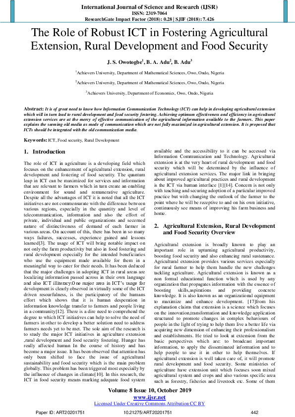(PDF) The Role of Robust ICT in Fostering Agricultural Extension, Rural ...