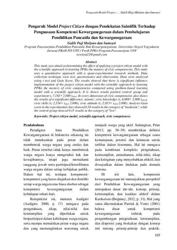 (PDF) Pengaruh model project citizen dengan pendekatan saintifik ...