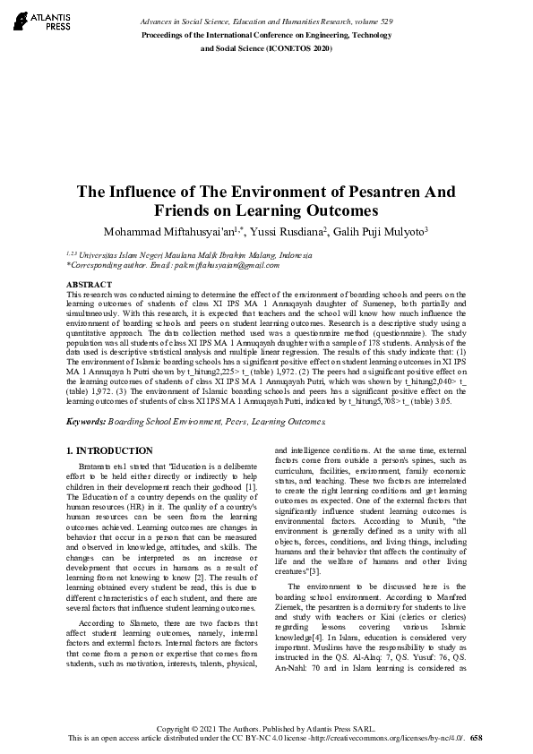 (PDF) The Influence of the Environment of Pesantren and Friends on Learning Outcomes