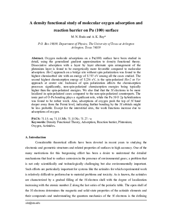 (PDF) A density functional study of molecular oxygen adsorption and reaction barrier on Pu (100 ...