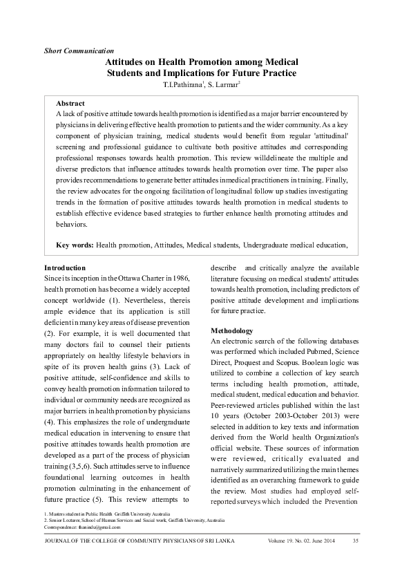 (PDF) Attitudes on health promotion among medical students and ...