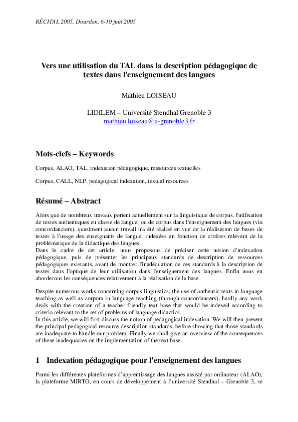 (PDF) Vers une utilisation du TAL dans la description pédagogique de ...