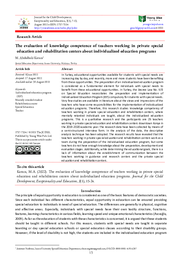 (PDF) The evaluation of knowledge competence of teachers working in private special education ...