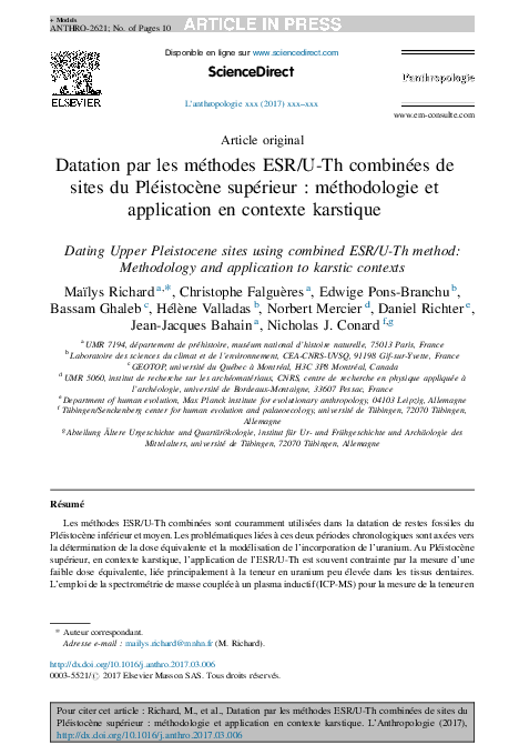 (PDF) Datation par les méthodes ESR/U-Th combinées de sites du ...