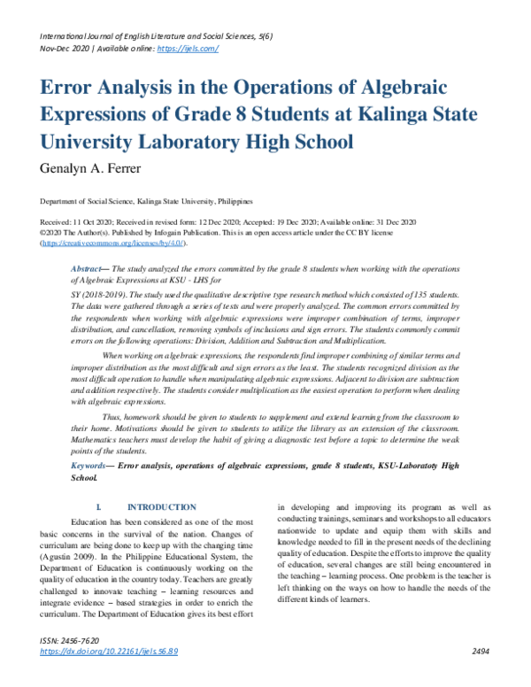 (PDF) Error Analysis in the Operations of Algebraic Expressions of ...