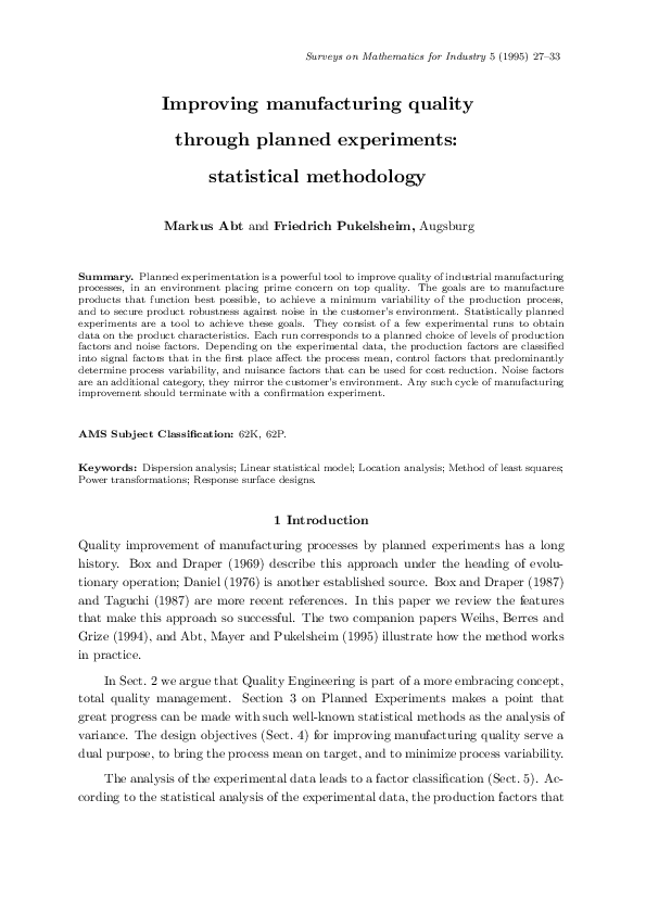 (PDF) Improving manufacturing quality through planned experiments : statistical methodology