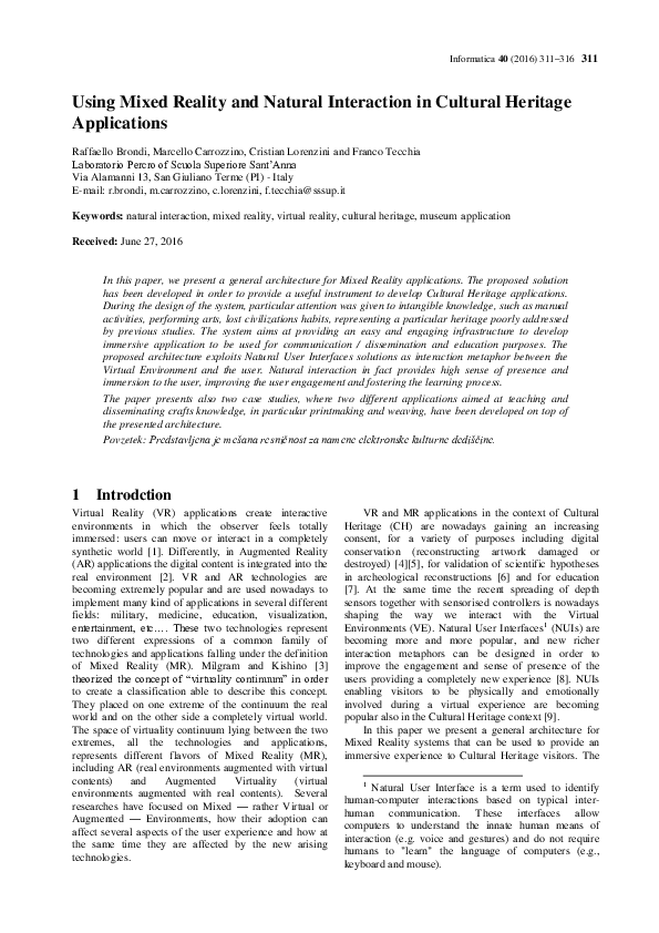 (PDF) Using Mixed Reality and Natural interaction in Cultural Heritage ...