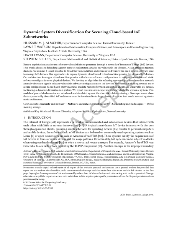 (PDF) Dynamic System Diversification for Securing Cloud-based IoT Subnetworks