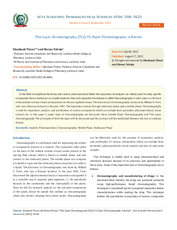 (PDF) Thin Layer Chromatography (TLC) VS. Paper Chromatography: A Review
