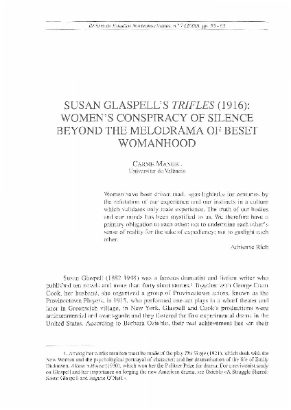 (PDF) Susan Glaspell's Trifles (1916): women's conspiracy of silenci ...