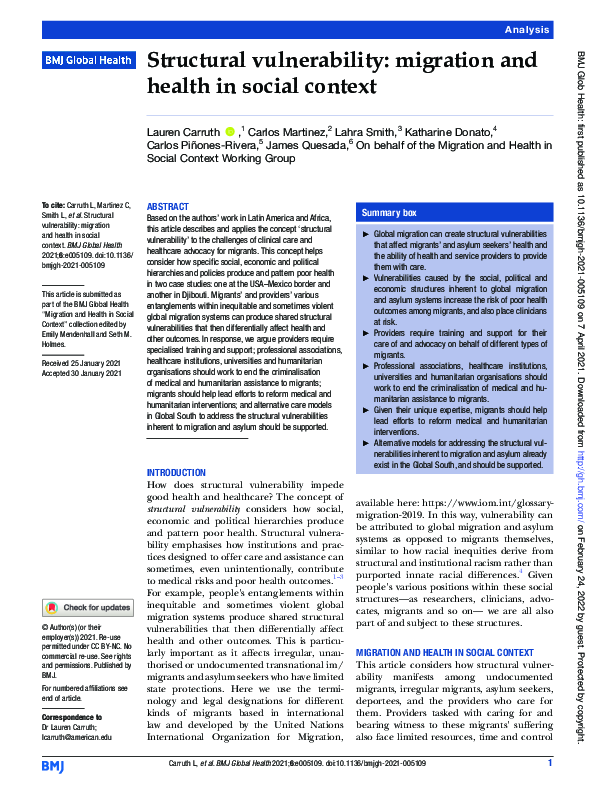 Pdf Structural Vulnerability Migration And Health In Social Context Lauren Carruth