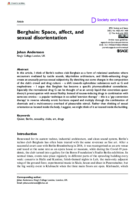 (PDF) Berghain: Space, affect, and sexual disorientation | Johan Andersson - Academia.edu