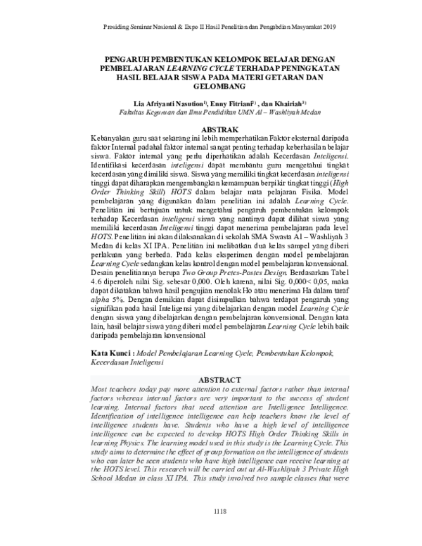 (PDF) Pengaruh Pembentukan Kelompok Belajar Dengan Pembelajaran Learning Cycle Terhadap ...