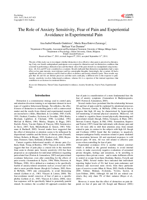 (PDF) The Role of Anxiety Sensitivity, Fear of Pain and Experiential ...