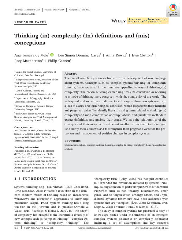 (PDF) Thinking (in) complexity: (In) definitions and (mis)conceptions