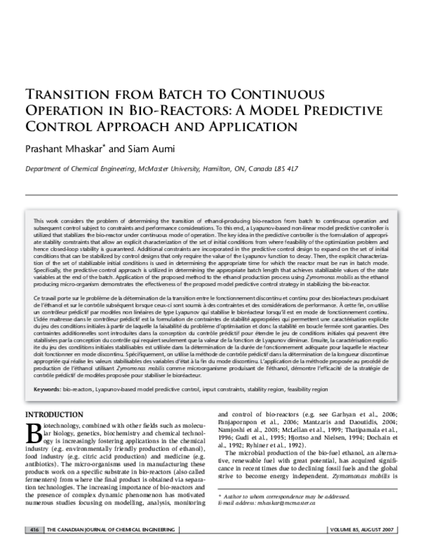 Pdf Transition From Batch To Continuous Operation In Bio Reactors A Model Predictive Control