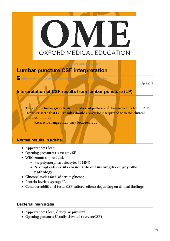 (PDF) Lumbar puncture CSF interpretation | Tania Reis - Academia.edu