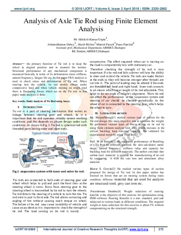 (PDF) Analysis of Axle Tie Rod using Finite Element Analysis
