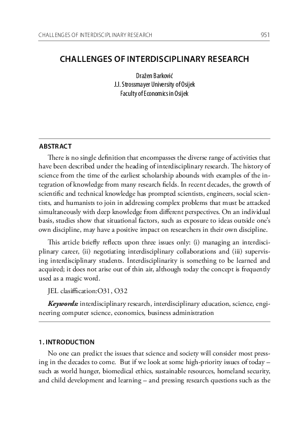 (PDF) Challenges of Interdisciplinary Research