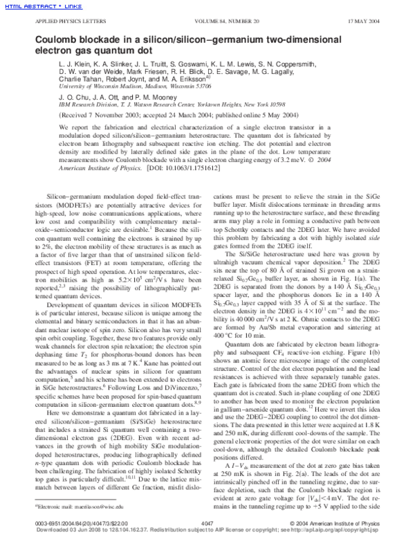 (PDF) Coulomb blockade in a silicon/silicon–germanium two-dimensional ...