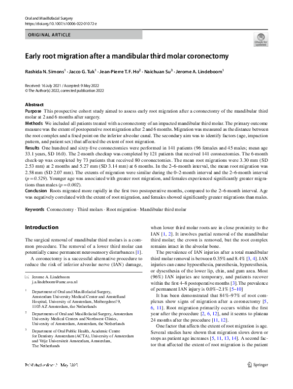 (PDF) Early root migration after a mandibular third molar coronectomy